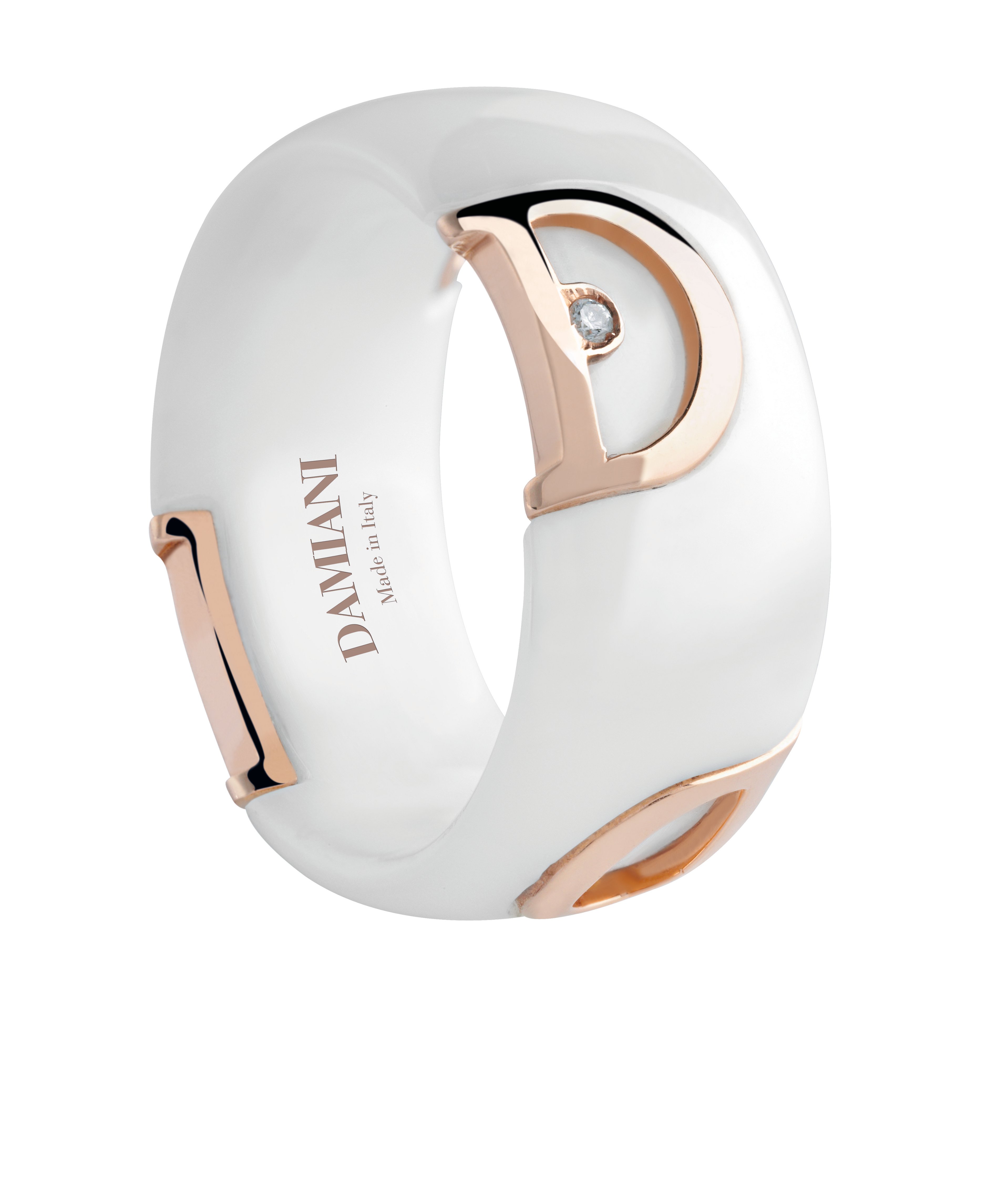 Damiani_-_D.Icon_-_white_ceramic_ring_with_D_logo_in_pink_go1 | 池田時計店